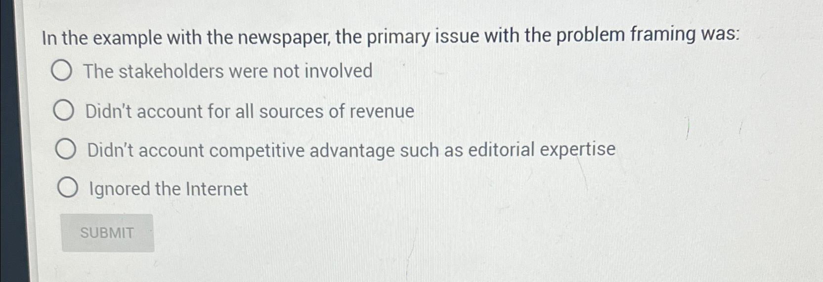 Solved In the example with the newspaper, the primary issue | Chegg.com