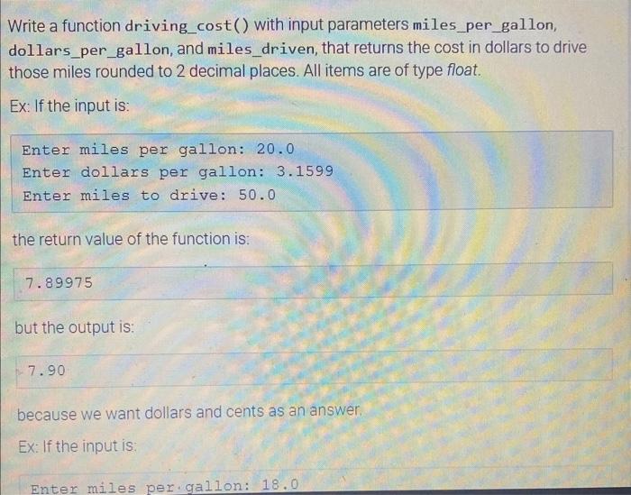 Solved Write a function driving_cost() with input parameters | Chegg.com