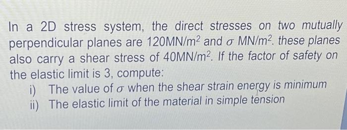 Solved In a 2D stress system, the direct stresses on two | Chegg.com