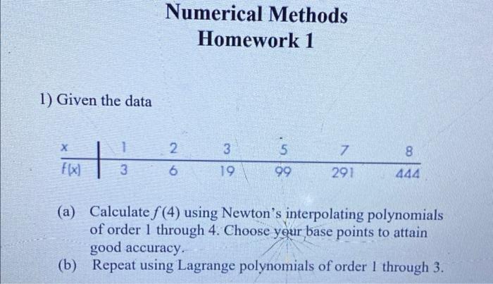 Solved Numerical Methods Homework 1 1) Given the data х 2 3 | Chegg.com