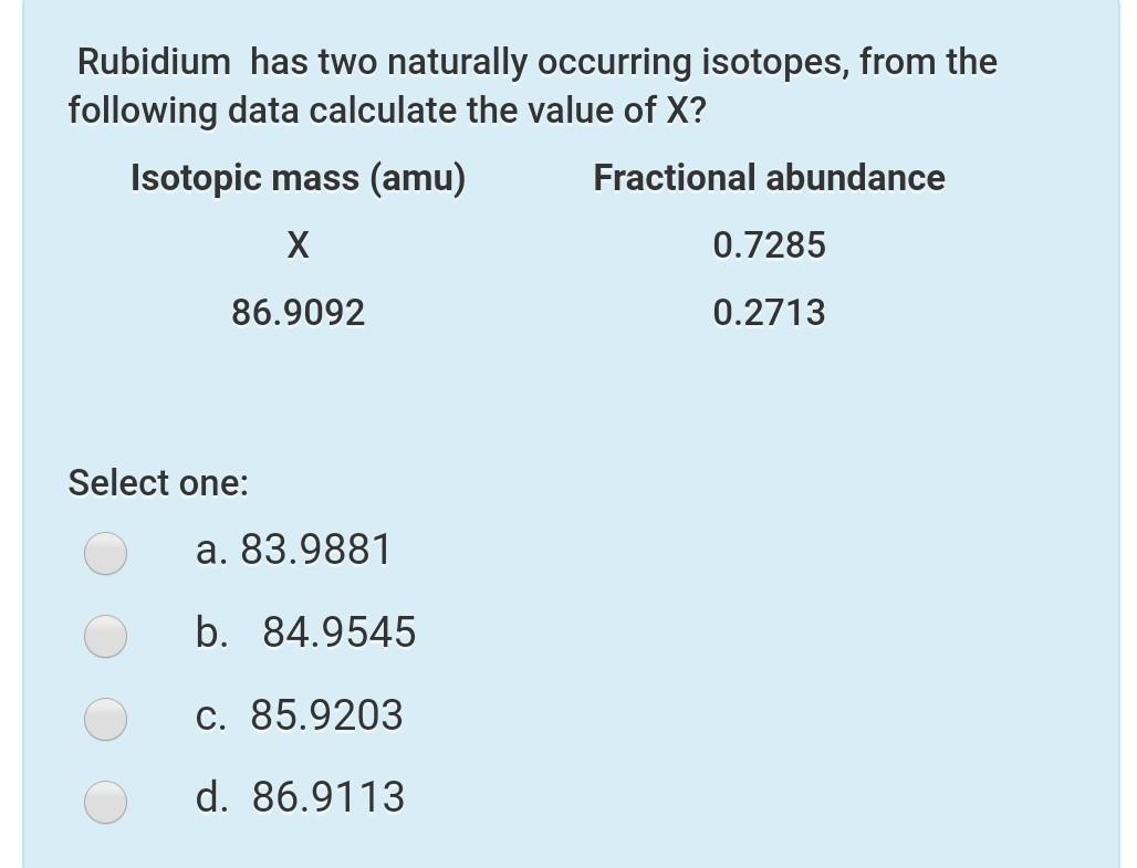 Solved Rubidium has two naturally occurring isotopes, from | Chegg.com