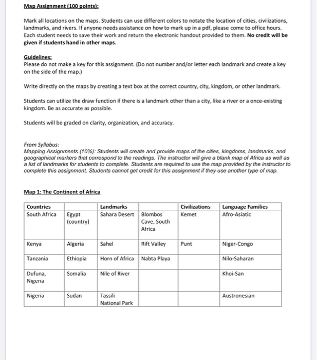 Map Assignment (100 points): Mark all locations on | Chegg.com