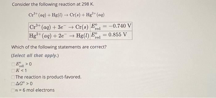 Solved Consider the following reaction at 298 K. | Chegg.com