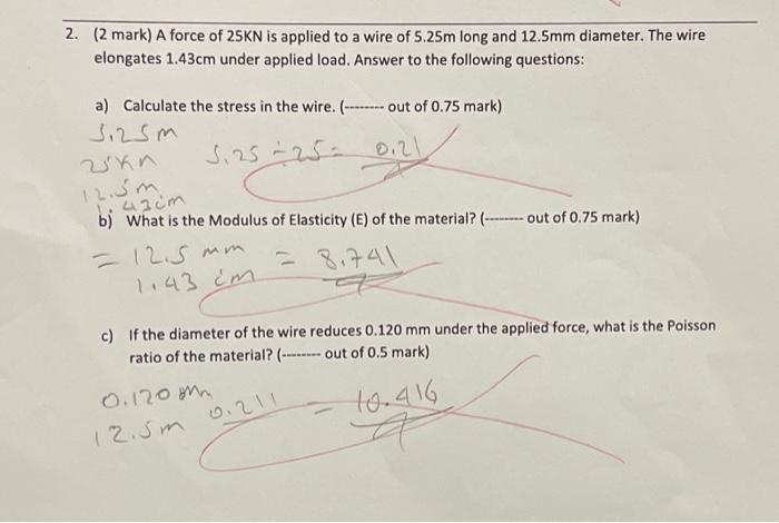 Solved ( 2 mark) A force of 25KN is applied to a wire of | Chegg.com
