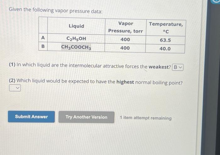 Solved Given the following vapor pressure data: (1) In which | Chegg.com