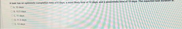 Solved A task has an optimistic completion time of 6 days, a | Chegg.com