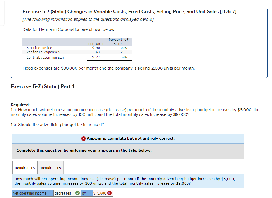 Solved Exercise 5-7 (Static) ﻿Changes in Variable Costs, | Chegg.com