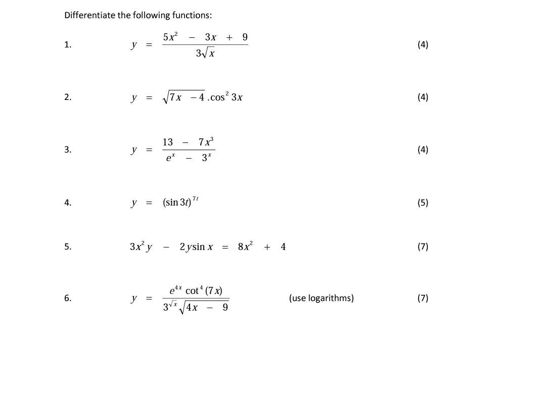 Solved Differentiate the following functions: 58² + 9 1. 3x | Chegg.com