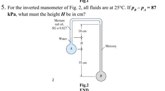 Solved 5. For the inverted manometer of Fig. 2, all fluids | Chegg.com