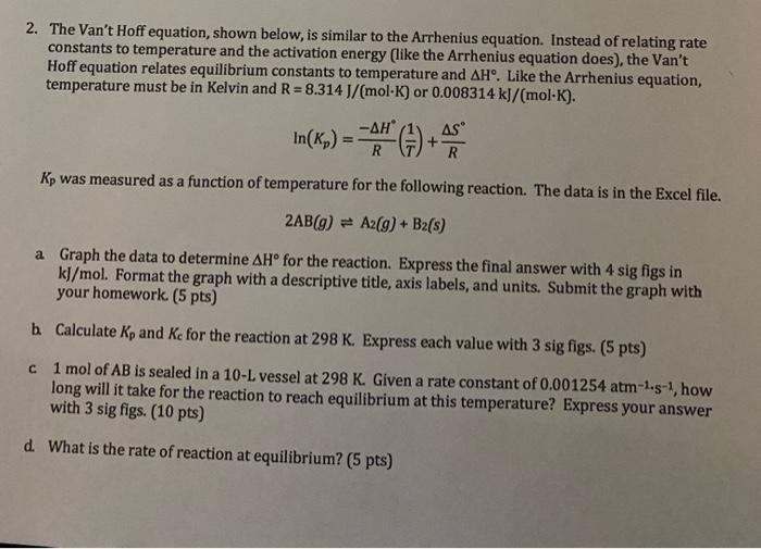 Solved 2. The Van't Hoff equation, shown below, is similar | Chegg.com