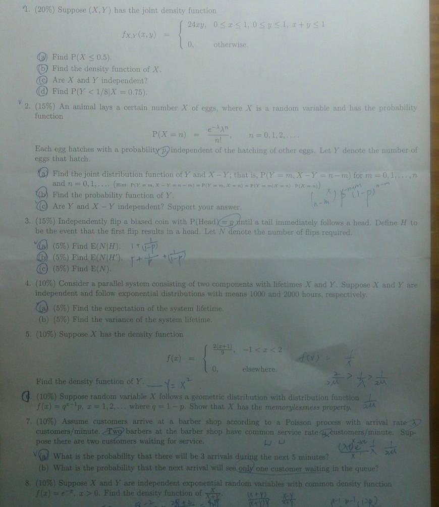 Solved 1. (20\%) Suppose (X,Y) has the joint density | Chegg.com