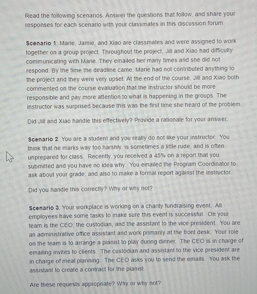 Solved Read the following scenarios. Answer the questions | Chegg.com