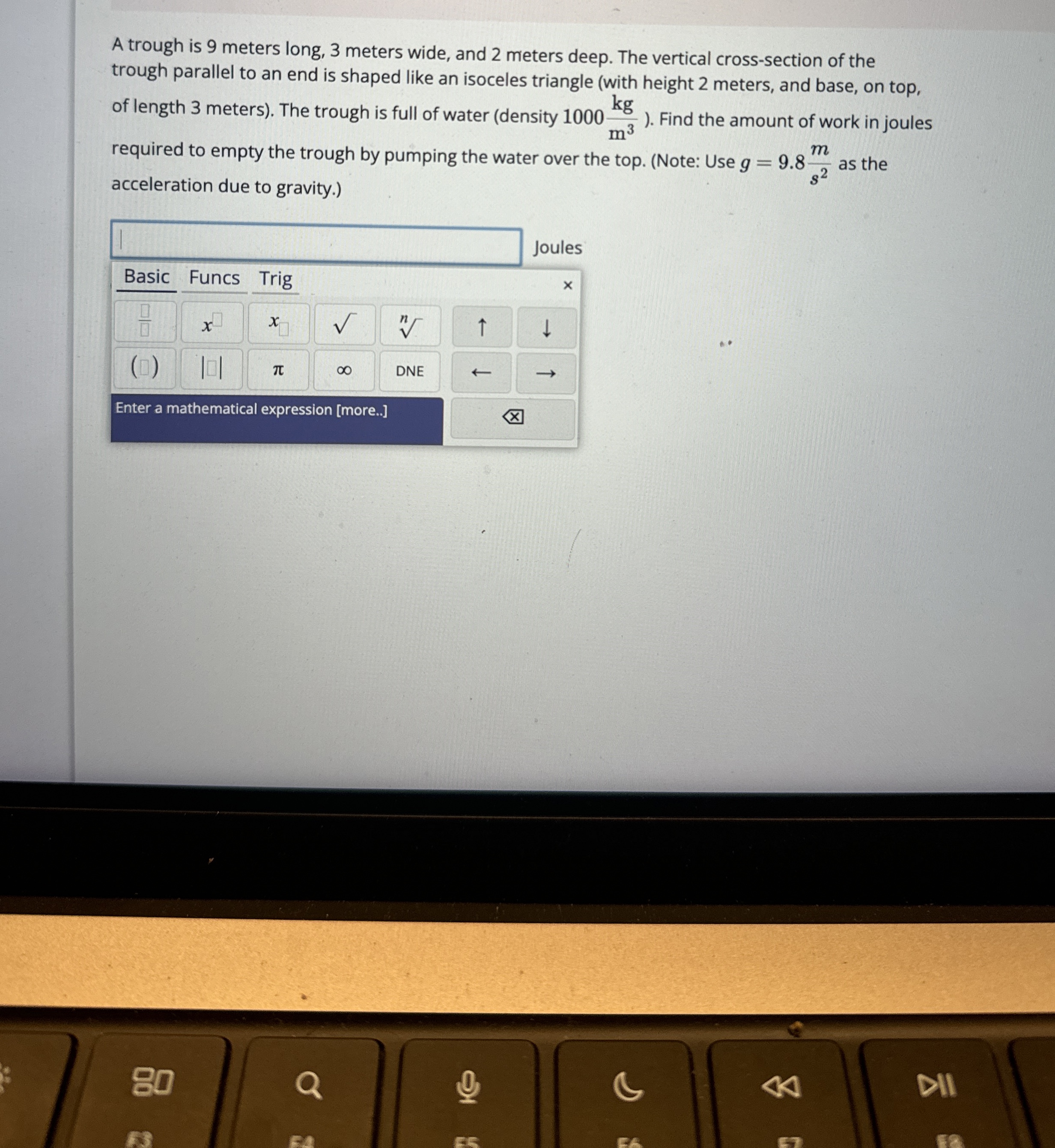 Solved A trough is 9 ﻿meters long, 3 ﻿meters wide, and 2 | Chegg.com