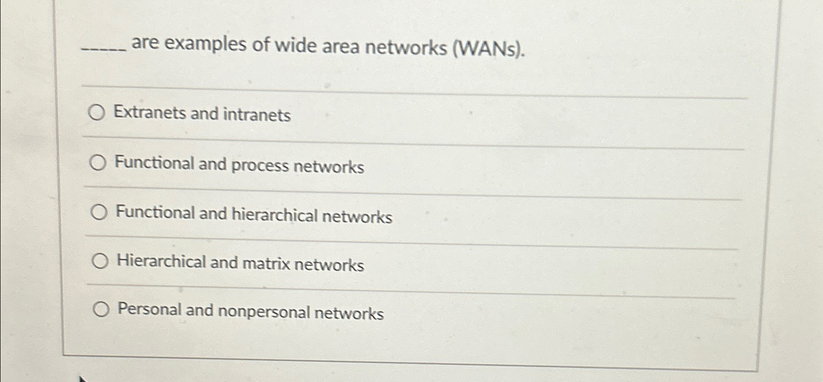 Solved are examples of wide area networks (WANs).Extranets | Chegg.com