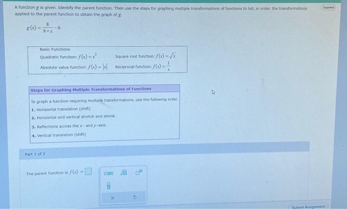 Solved function 8 is given. Identify the parent function. | Chegg.com
