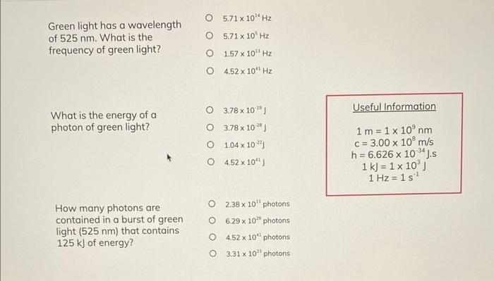 Solved Green light has a wavelen of 525 nm. What is the | Chegg.com