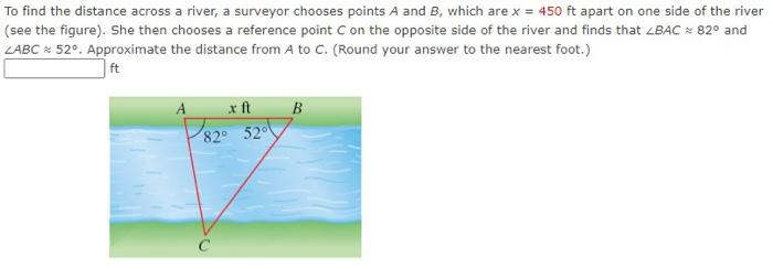 Solved To find the distance across a river, a surveyor | Chegg.com