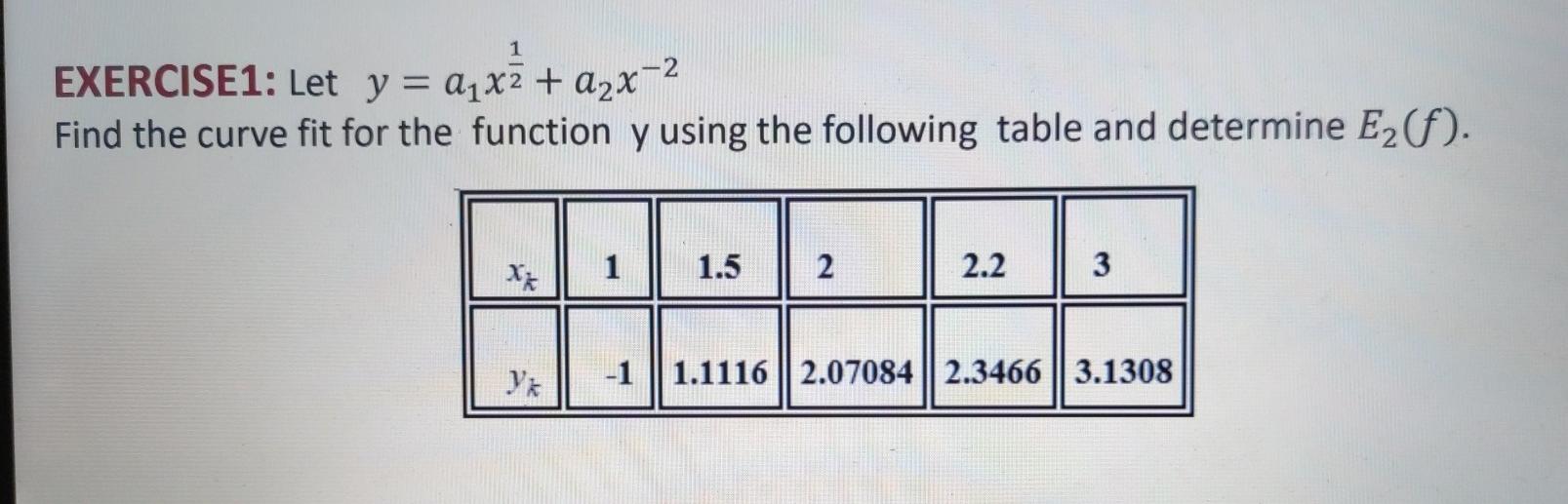 Solved 1 EXERCISE1: Let y = a1xż + a2x-2 Find the curve fit | Chegg.com