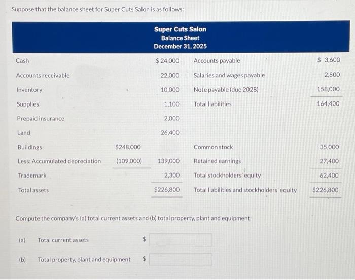 Solved Suppose that the balance sheet for Super Cuts Salon | Chegg.com