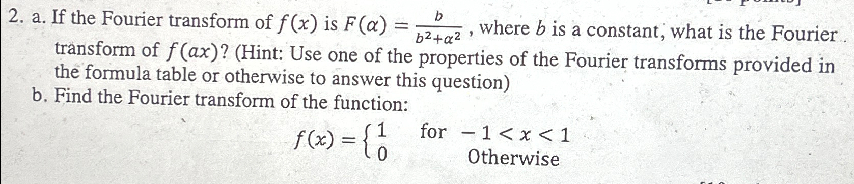 Solved a. ﻿If the Fourier transform of f(x) ﻿is F(α)=bb2+α2, | Chegg.com