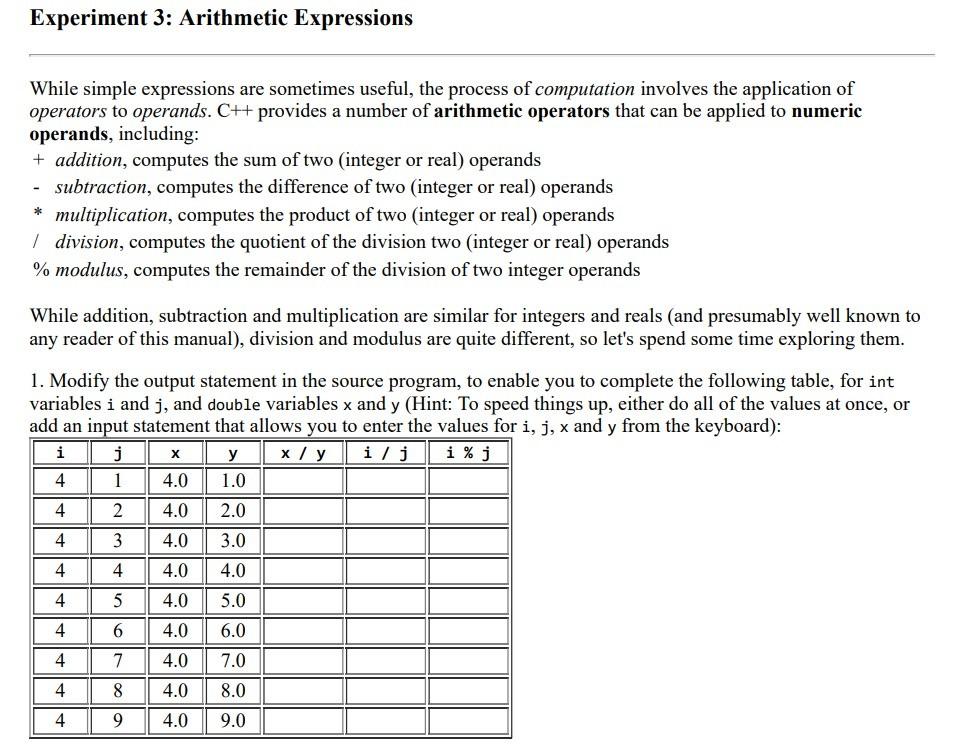 Solved Experiment 3: Arithmetic Expressions While simple | Chegg.com