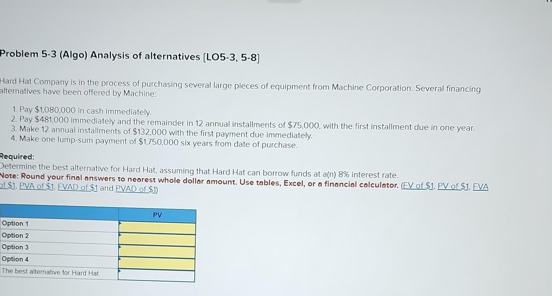 Solved Problem 5-3 (Algo) Analysis of alternatives [LO5-3, | Chegg.com