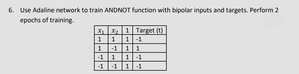 Solved 6. Use Adaline network to train ANDNOT function with | Chegg.com