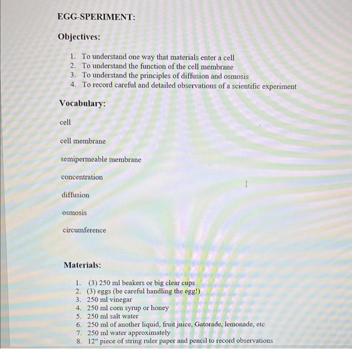 EGG-SPERIMENT: Objectives: 1. To understand one way | Chegg.com