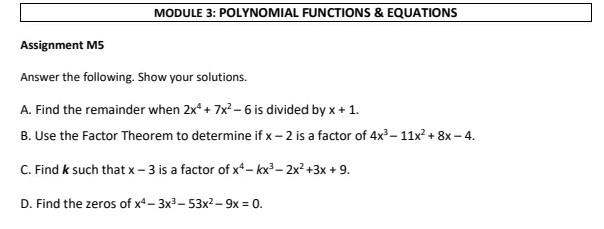 Solved MODULE 3: POLYNOMIAL FUNCTIONS & EQUATIONS Assignment | Chegg.com