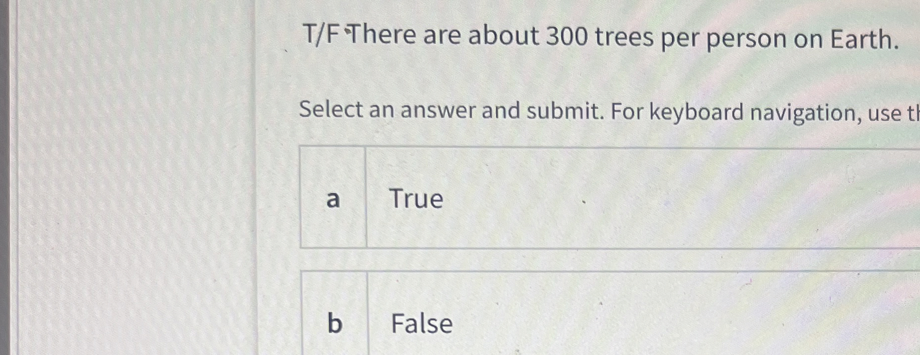 Solved T/F There are about 300 ﻿trees per person on Earth.a | Chegg.com