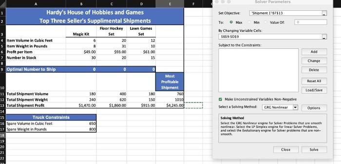 d. Use the solver on Shipment 1 with Spare Volume in | Chegg.com