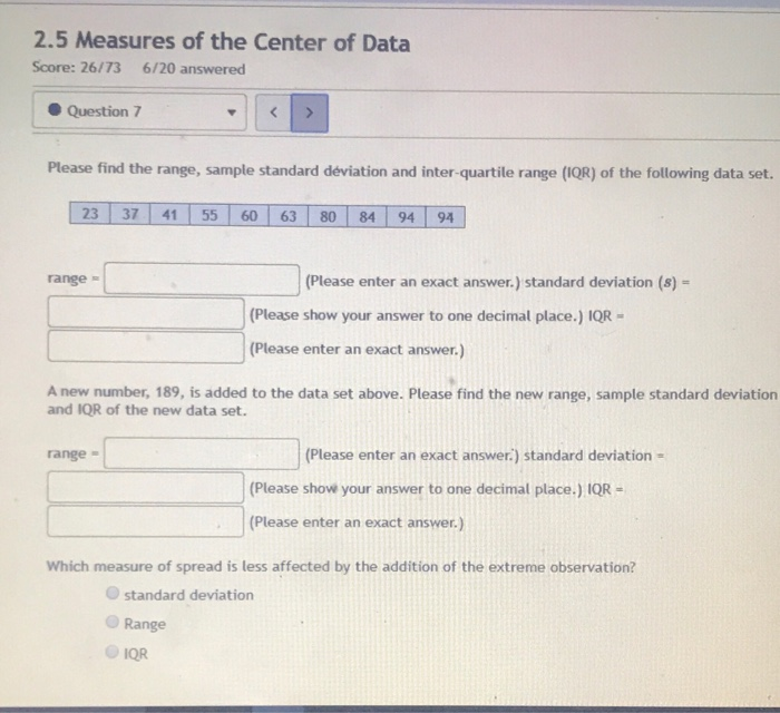 Solved 2.5 Measures of the Center of Data Score: 26/73 6/20 | Chegg.com