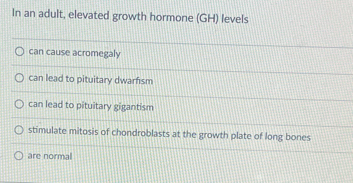 Solved In an adult, elevated growth hormone (GH) ﻿levelscan | Chegg.com