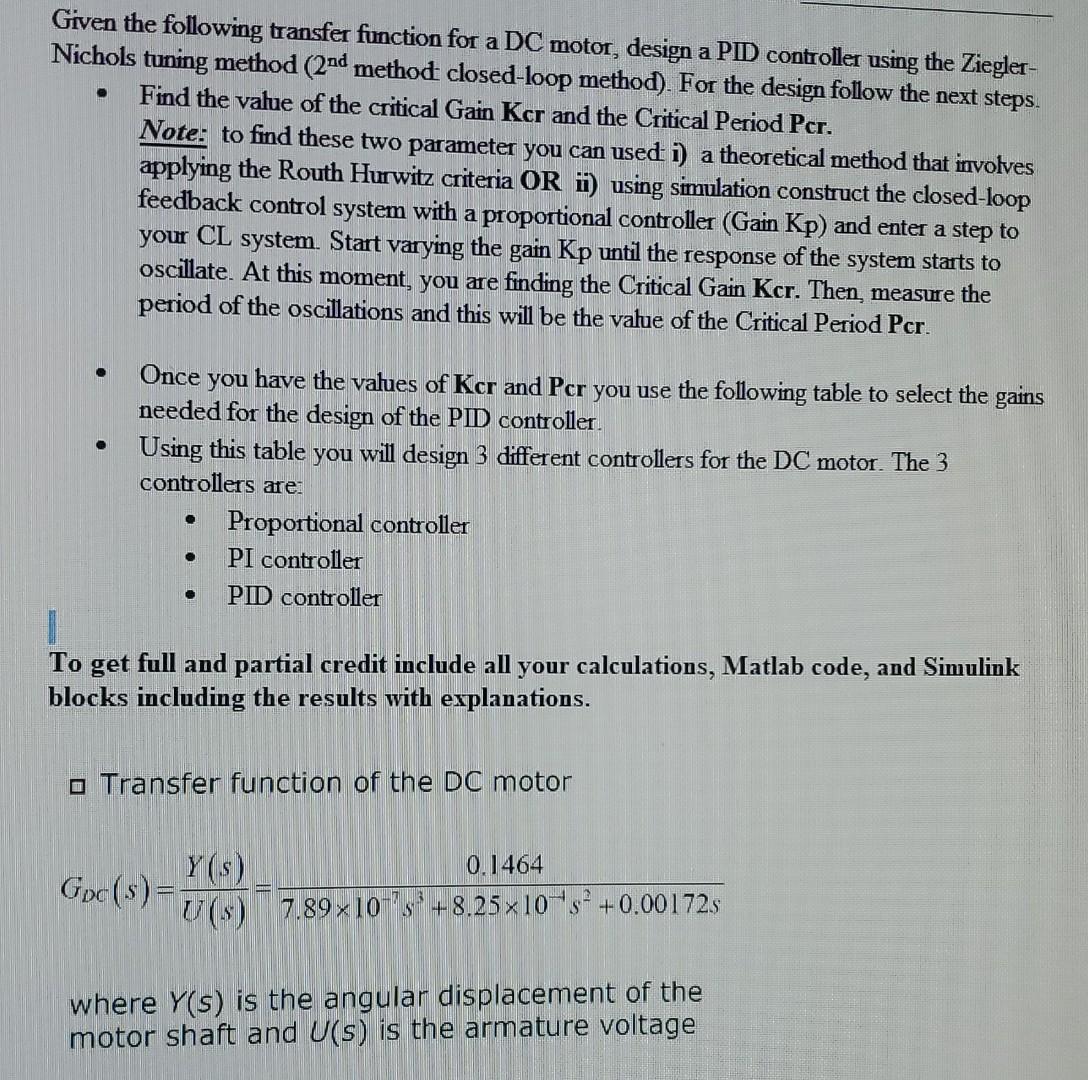 Given The Following Transfer Function For A Dc Motor 