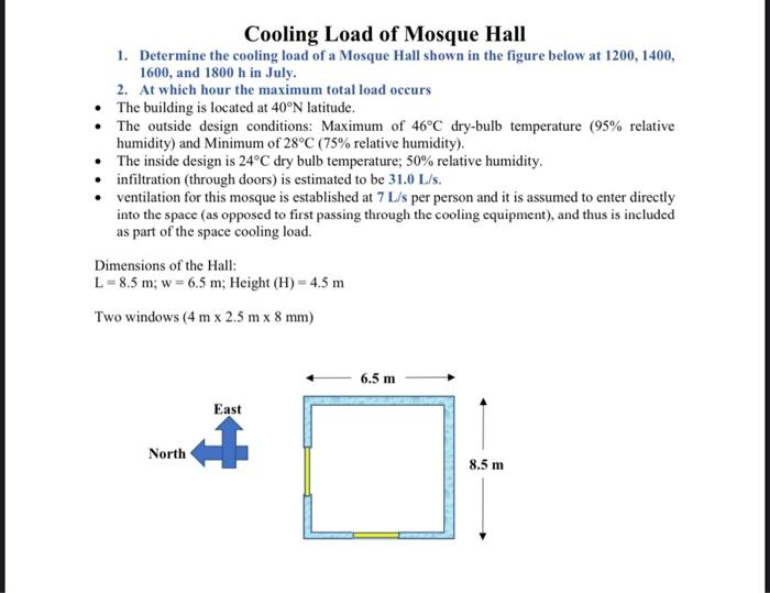 Cooling Load of Mosque Hall 1. Determine the cooling | Chegg.com