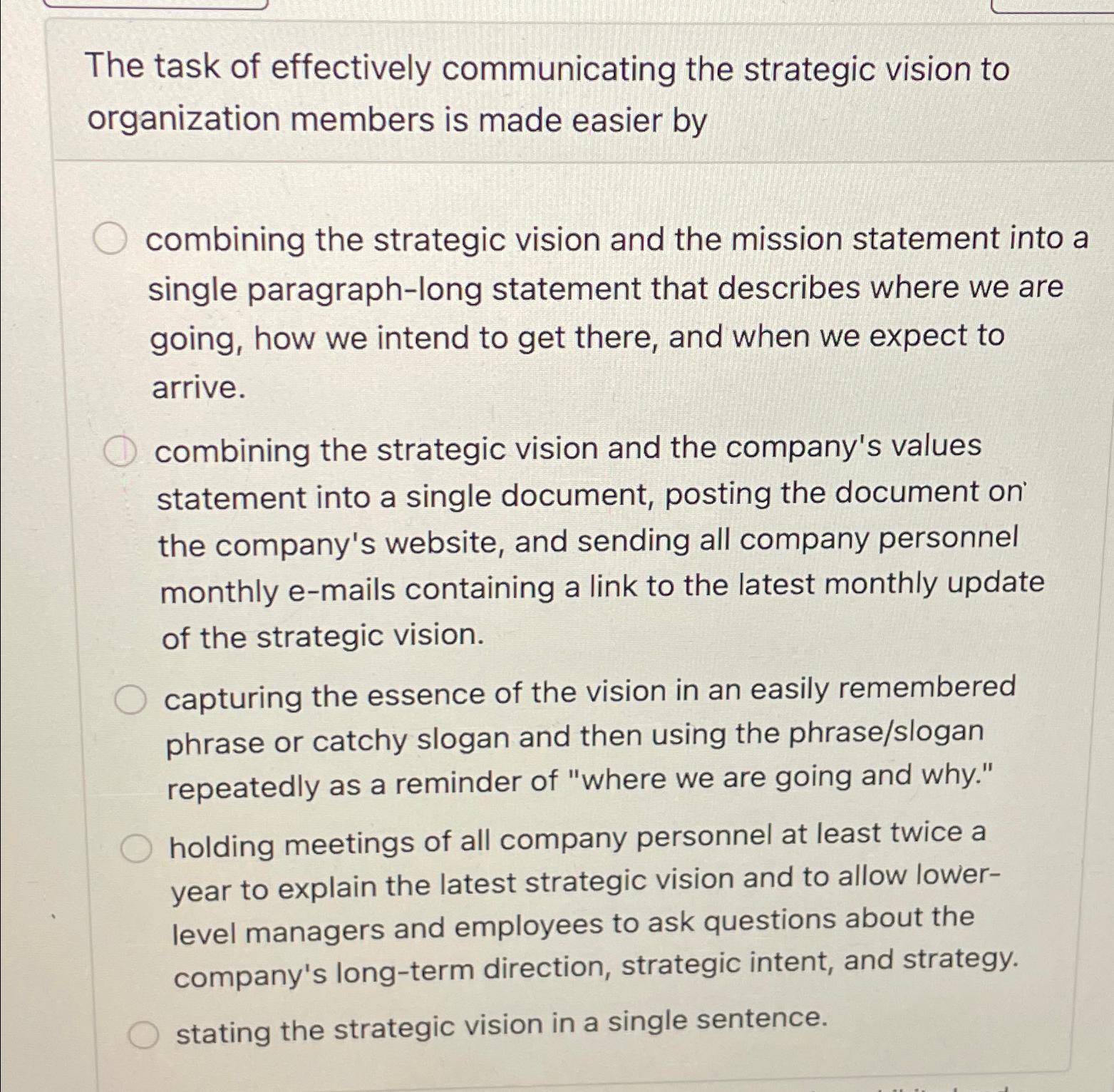 Solved The task of effectively communicating the strategic | Chegg.com