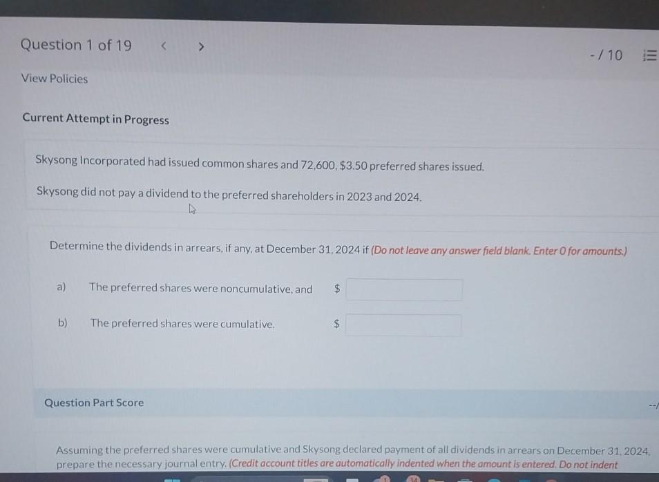 Solved uestion 1 of 19 −/10 lew Policies urrent Attempt in | Chegg.com