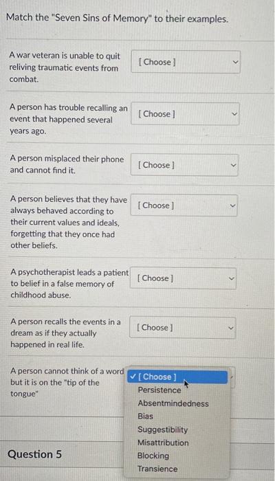 Solved Match the "Seven Sins of Memory" to their examples. A | Chegg.com