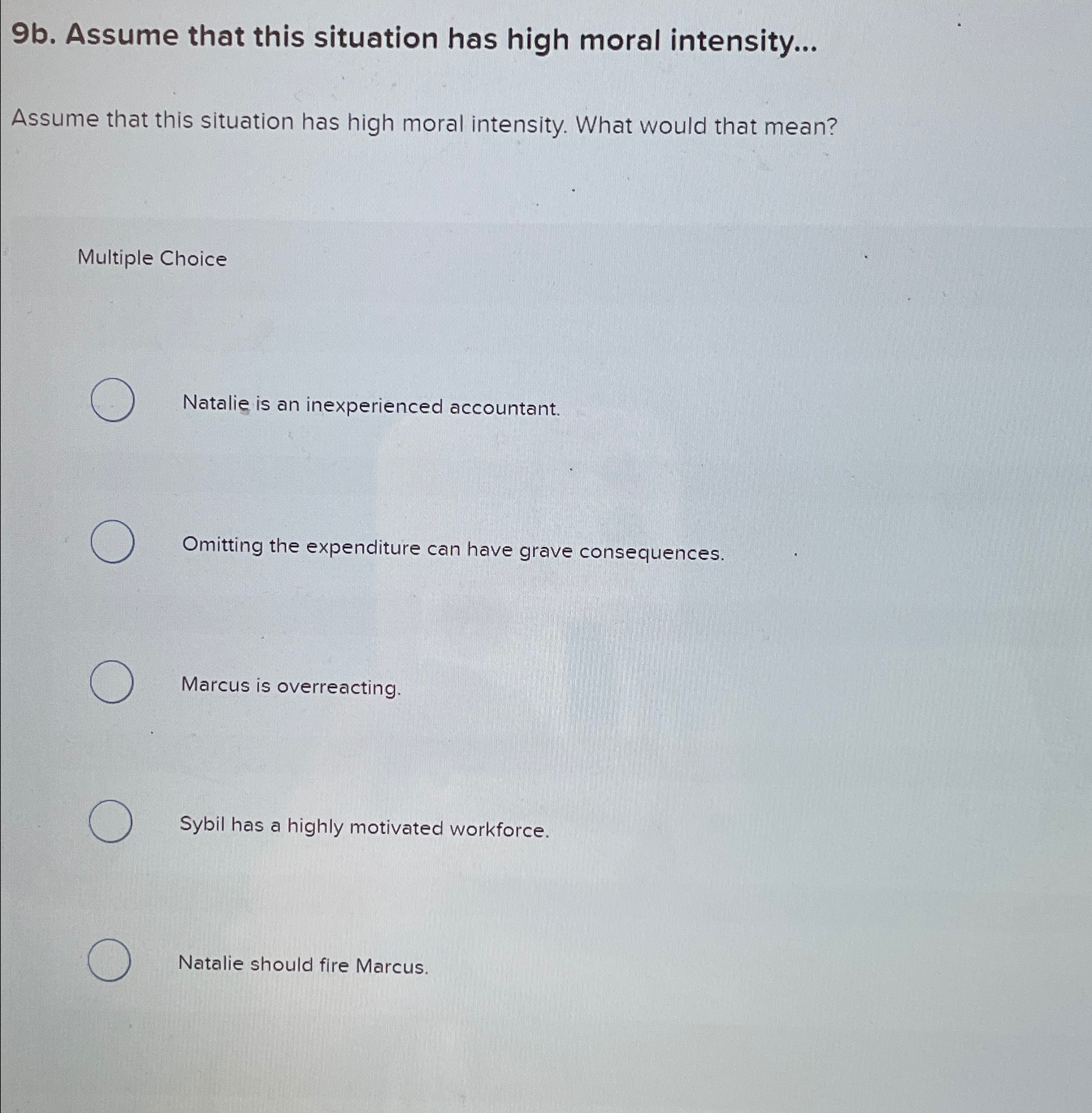 Solved 9b. ﻿Assume that this situation has high moral | Chegg.com