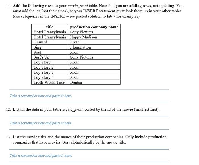 Solved 11. Add the following rows to your movie prod table. | Chegg.com