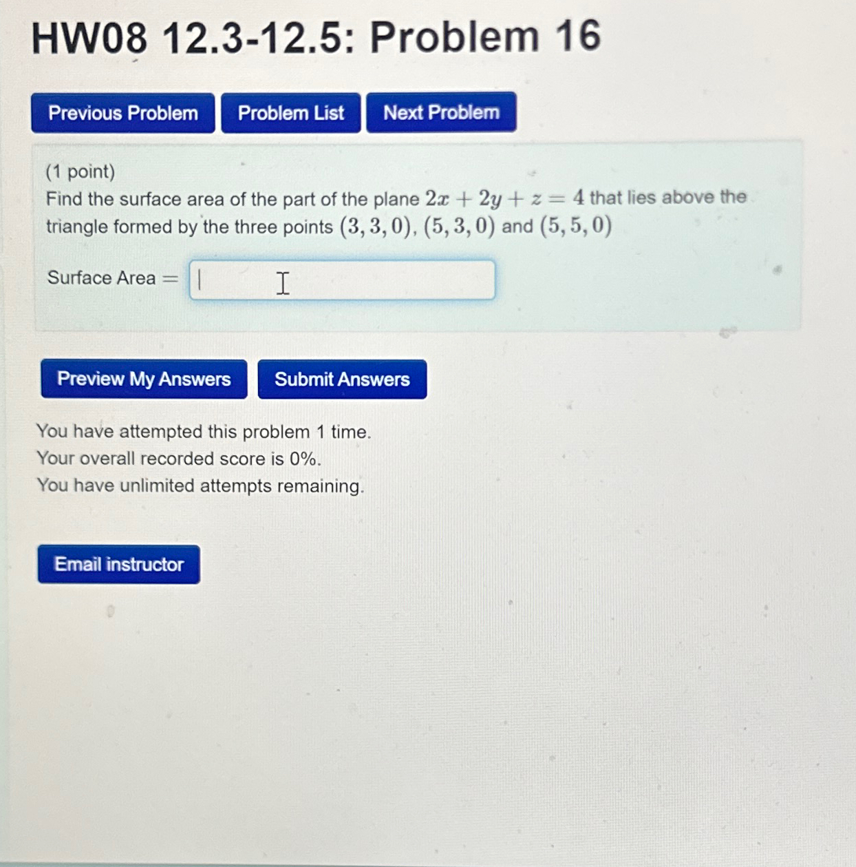 Solved HW08 12.3-12.5: Problem 16(1 ﻿point)Find the surface | Chegg.com