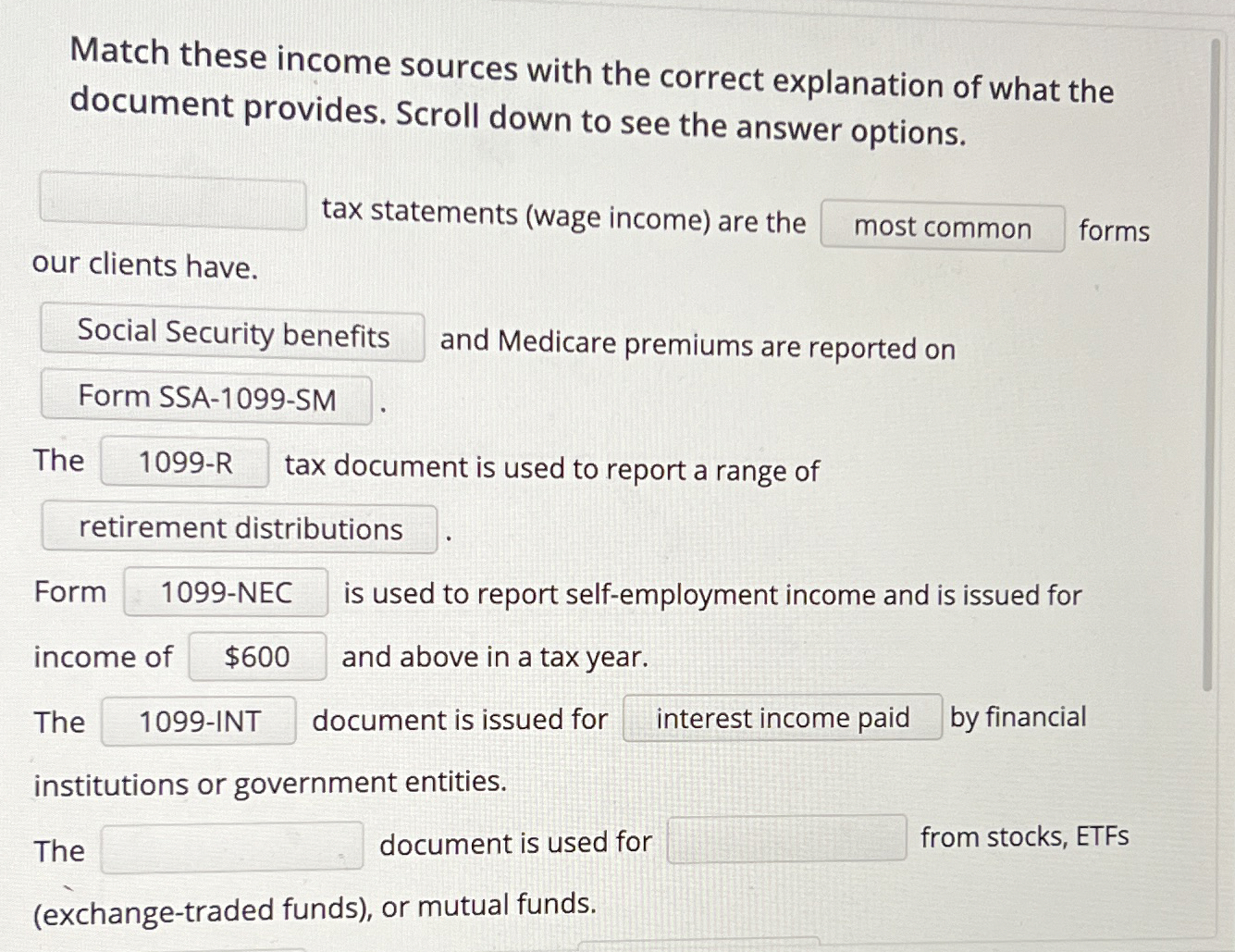 Match these income sources with the correct | Chegg.com