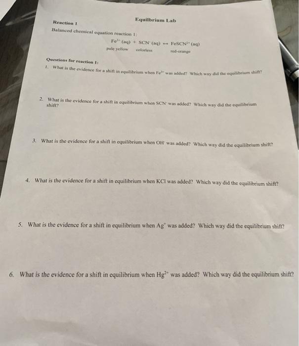 Solved Equilbrium Lab Reaction ! Balanced chemical equation | Chegg.com