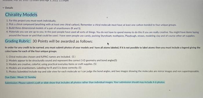 Solved PSULEY Details Chirality Models 1. For this project | Chegg.com
