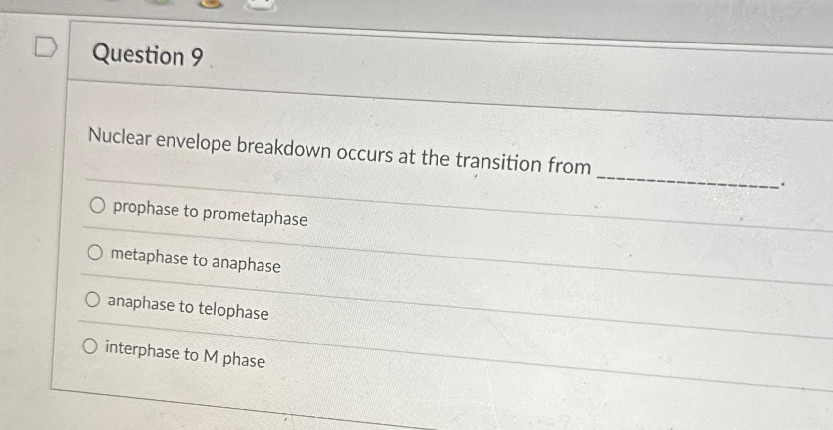 Solved Question 9Nuclear envelope breakdown occurs at the | Chegg.com