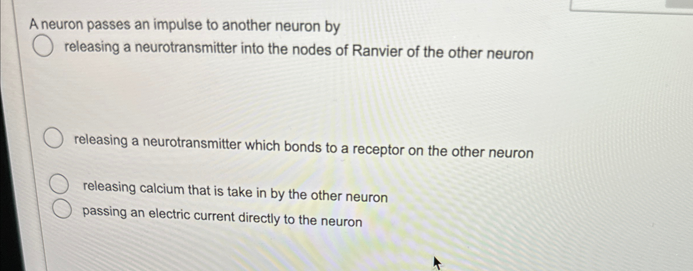 Solved A neuron passes an impulse to another neuron by | Chegg.com