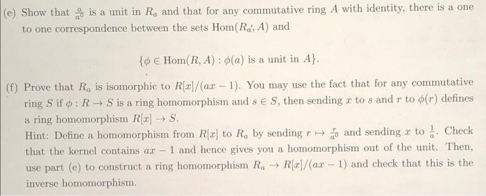 Solved (e) Show that is a unit in Ra and that for any | Chegg.com