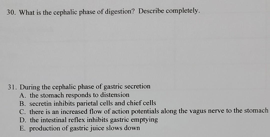Solved 30. What is the cephalic phase of digestion? Describe | Chegg.com