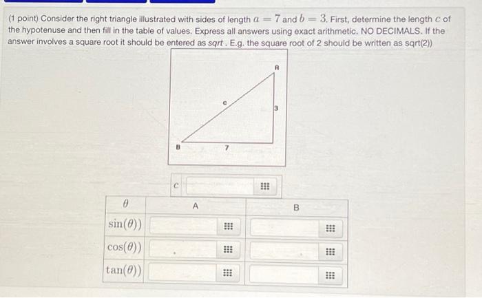 Solved (1 point) Consider the right triangle illustrated | Chegg.com