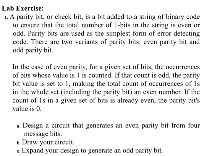 Solved Lab Exercise: 1. A parity bit, or check bit, is a bit | Chegg.com